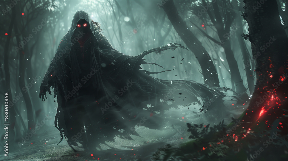 A mysterious shadow mage with a dark, flowing cloak and glowing red ...