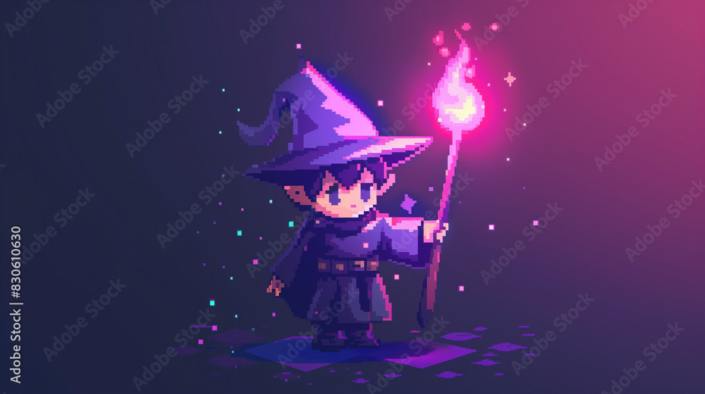 A cute pixel art wizard with a pointy hat and staff, casting a spell ...