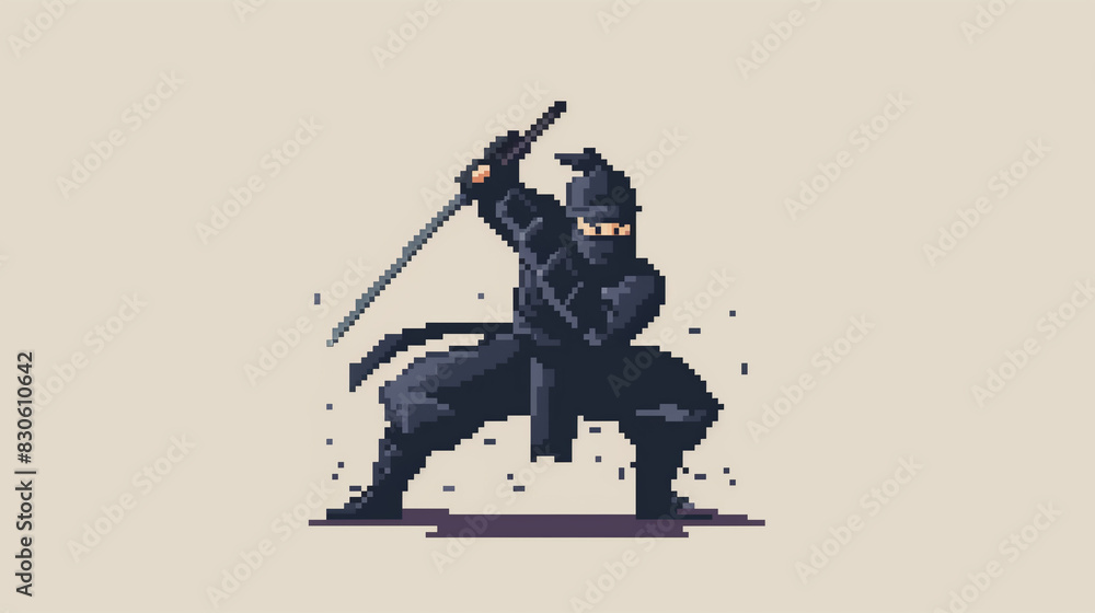 A pixel art ninja in a stealthy pose, dressed in black with a mask ...