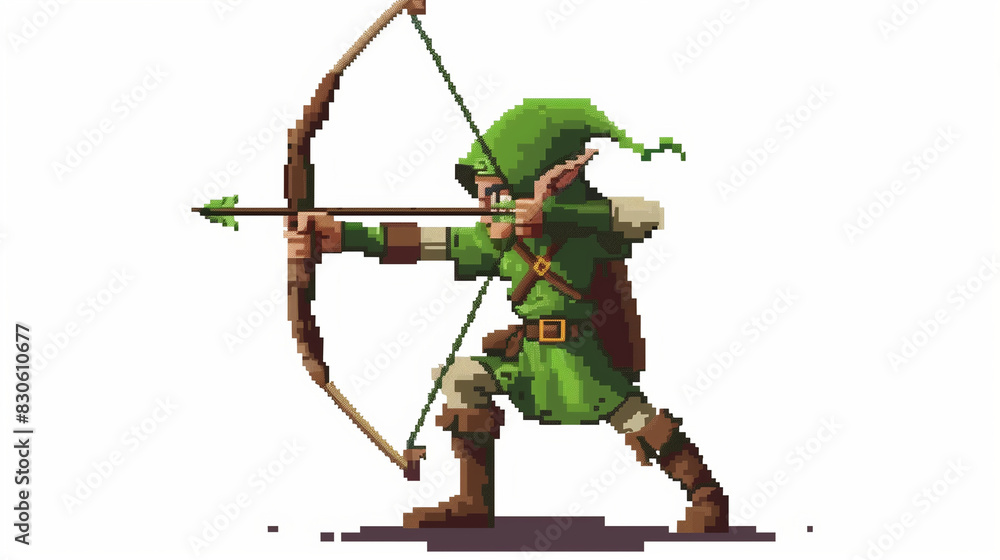 A pixel art elf archer with pointed ears, dressed in green, aiming a ...