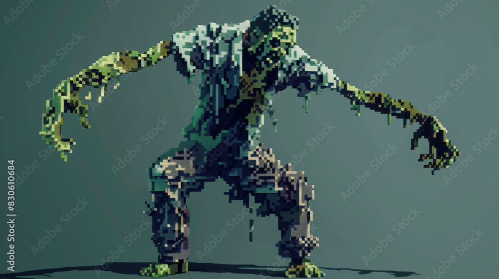 A pixel art zombie with tattered clothes and green skin, extending arms ...