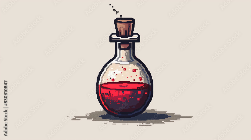 A pixel art health potion in a glass bottle with a red liquid and a ...