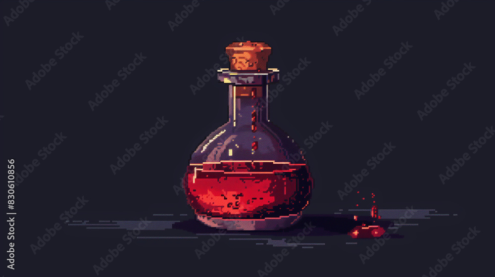 A pixel art health potion in a glass bottle with a red liquid and a ...