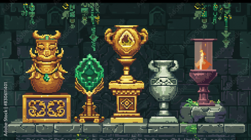 A pixel art set of ancient relics, including a golden idol, a jade ...