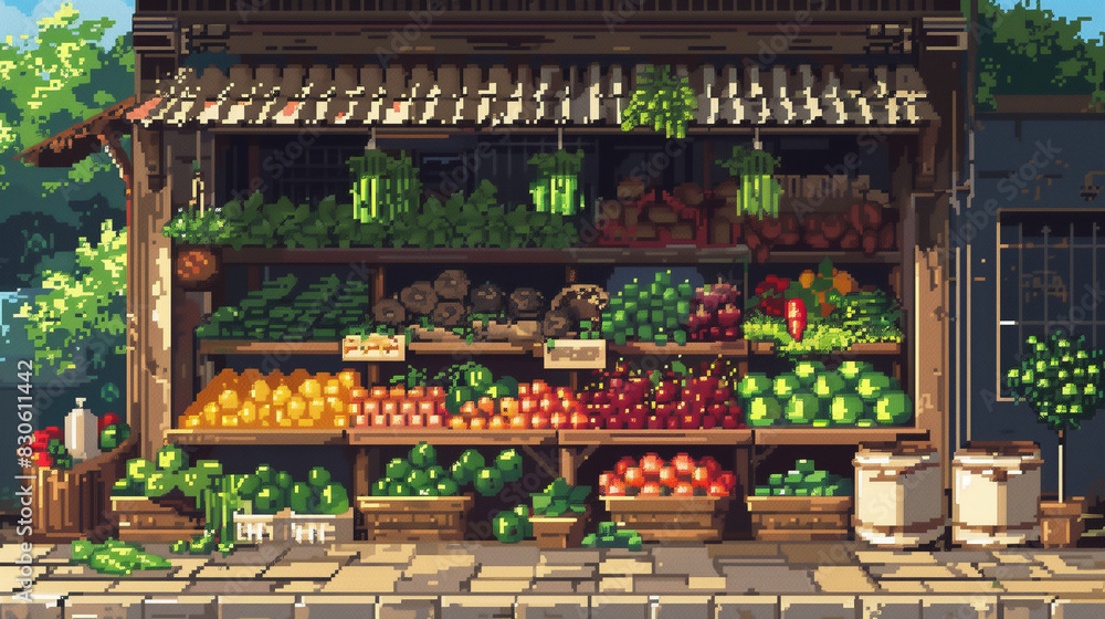 A pixel art marketplace stall with various fruits, vegetables, and ...