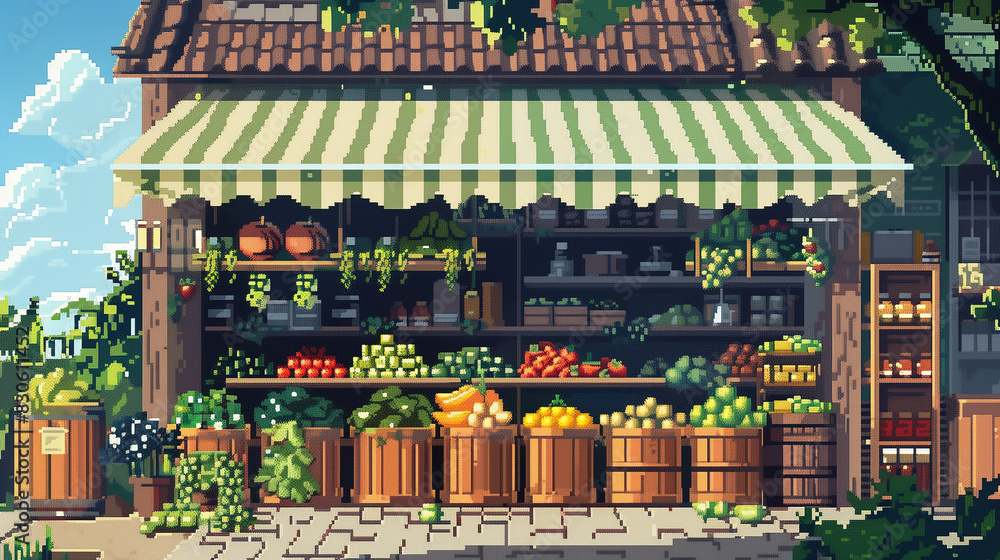 A pixel art marketplace stall with various fruits, vegetables, and ...