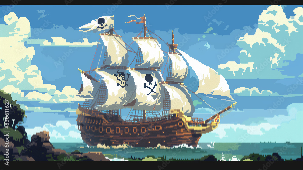 A pixel art pirate ship with sails, cannons, and a skull and crossbones ...