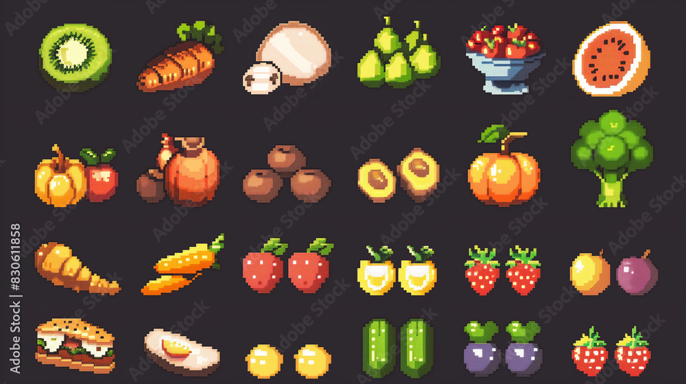 A set of pixel art food icons, including fruits, vegetables, and cooked ...