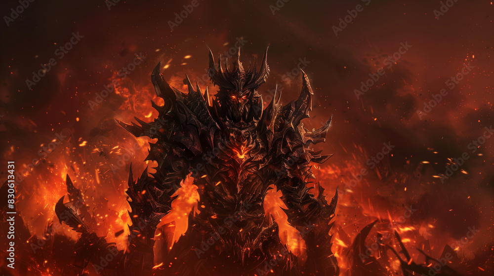 A demonic overlord with dark, spiked armor and fiery eyes, standing in ...
