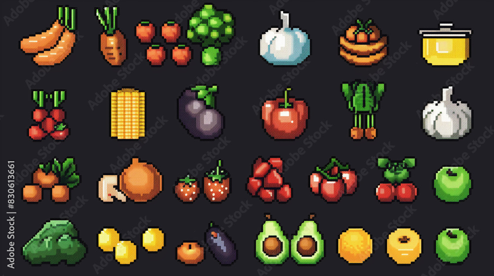 A set of pixel art food icons, including fruits, vegetables, and cooked ...