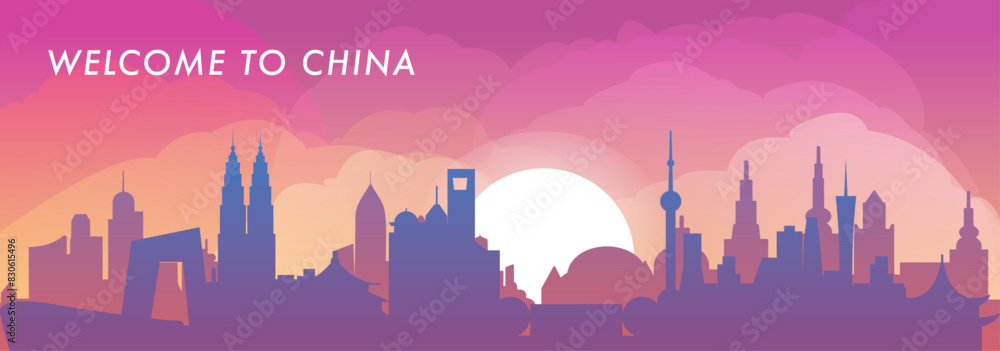 Welcome to China skyline with cities panorama, gradient vector banner ...
