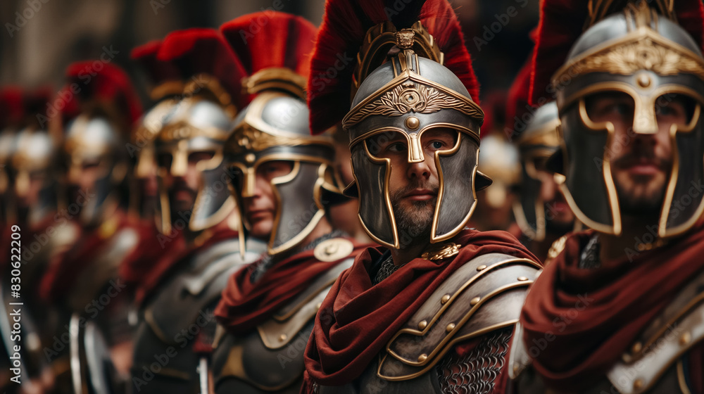 Group of Roman soldiers stands in formation, clad in detailed armor with red plumes on their ...