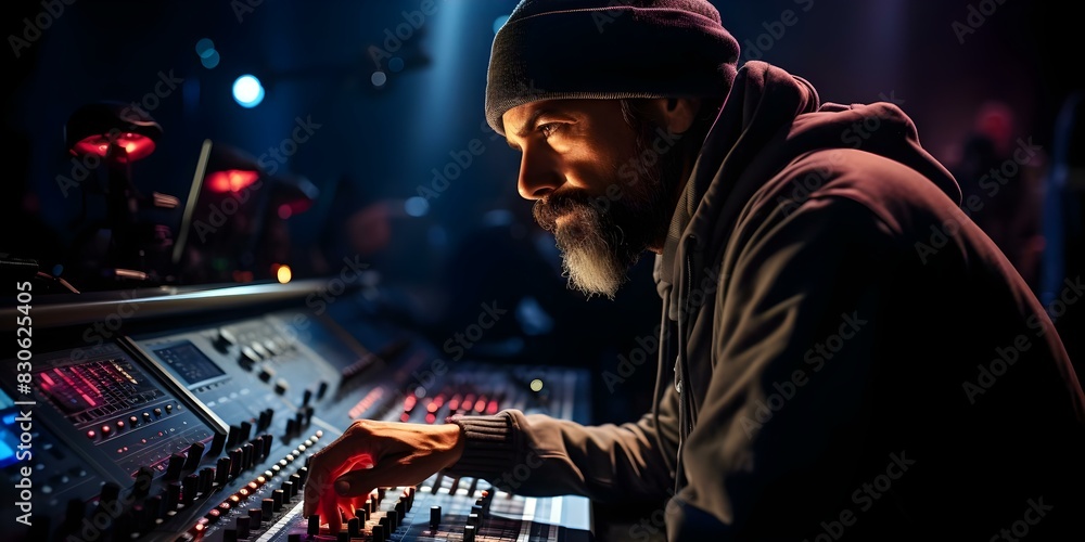 Sound engineer at work in a TV studio adjusting a digital mixer for a ...