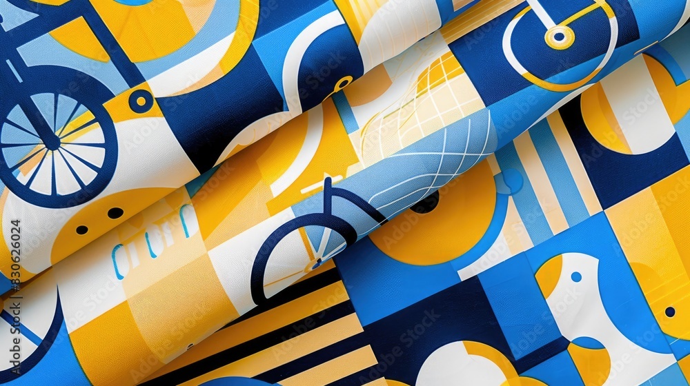 Geometric Shapes in Blue Yellow and White Shapes on Cotton Fabric with ...