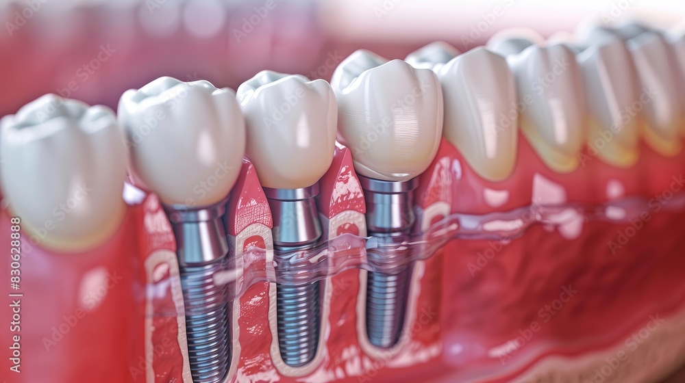 Dental Implant Detail Digital illustration of dental implants in the gum, showcasing a cross ...