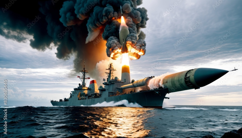 A naval ship launches a salvo of missiles at sea, showcasing maritime ...