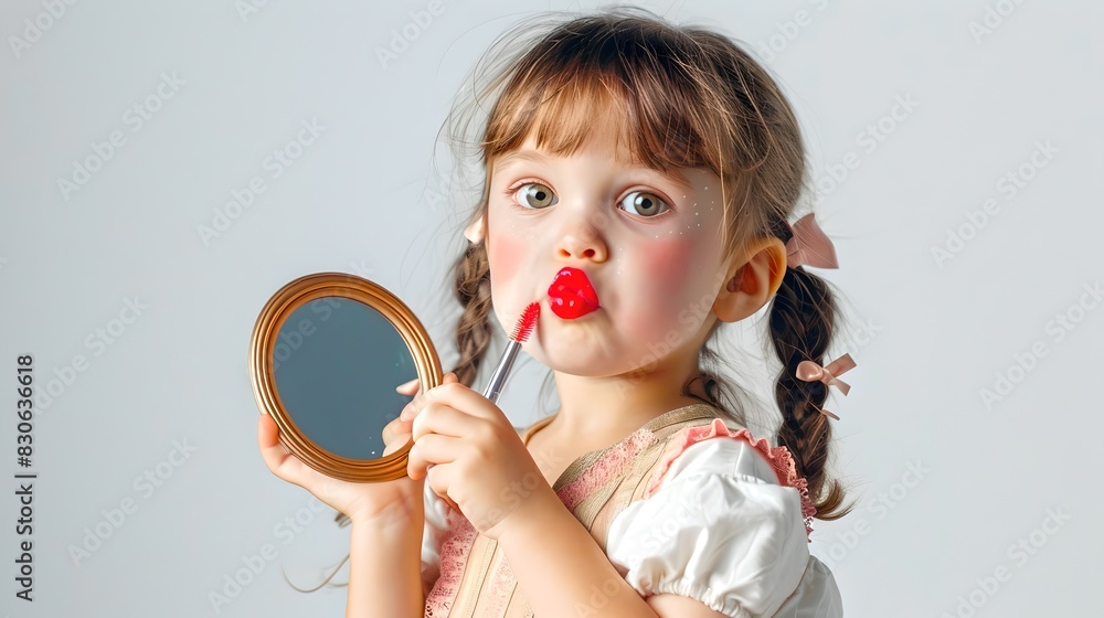Cute Little Girl Applying Red Lipstick. Child with Mirror Doing Makeup ...