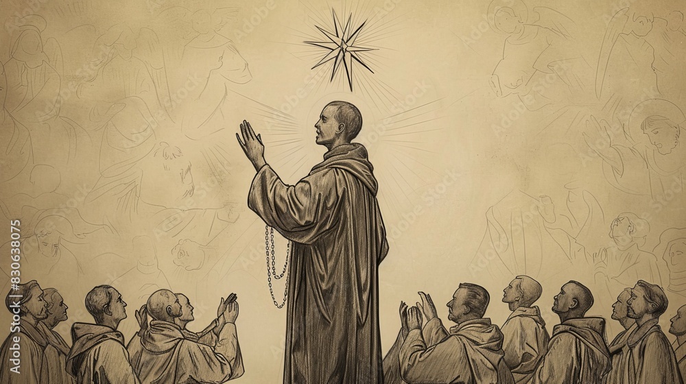 ภาพประกอบสต็อก St. Dominic Preaching to Crowd with Rosary and Star ...