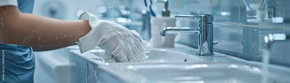 Person wearing gloves cleaning a bathroom sink in a modern restroom ...