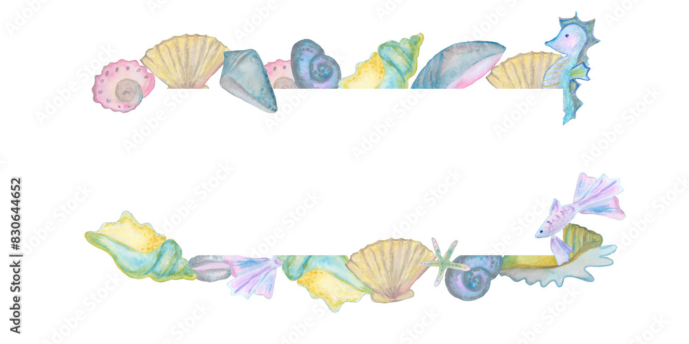 various seashells seahorse and aquarium fish rectangular frame with ...