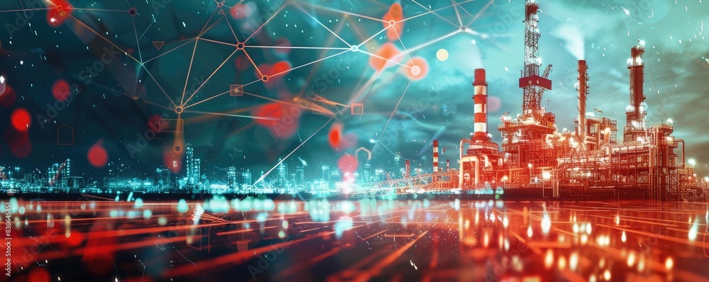 Oil extraction rigs superimposed with digital elements to depict energy ...