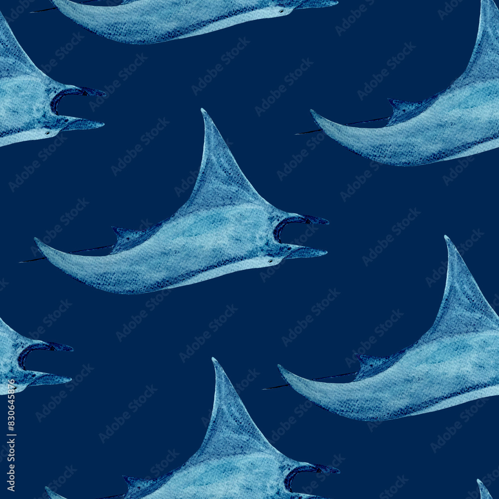 Manta ray watercolor seamless pattern isolated on blue background. High ...
