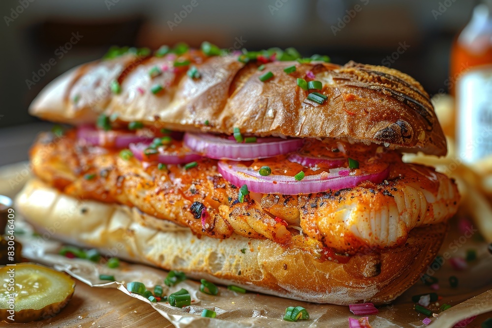 Fischbrötchen - Fish sandwich with pickles, onions, and remoulade sauce ...