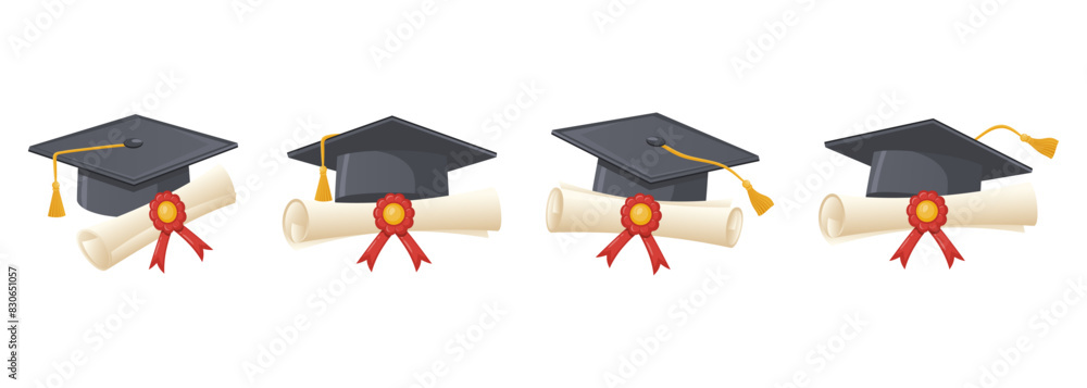 Collection of academic graduation caps and diploma scrolls in different ...