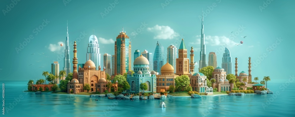 ภาพประกอบสต็อก Isometric 3D Dubai render showcases famous places and ...