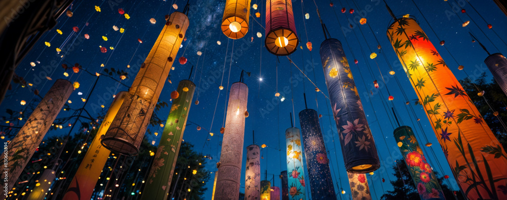 Japanese tanabata festival at night. Asian lanterns. The Milky Way. A ...
