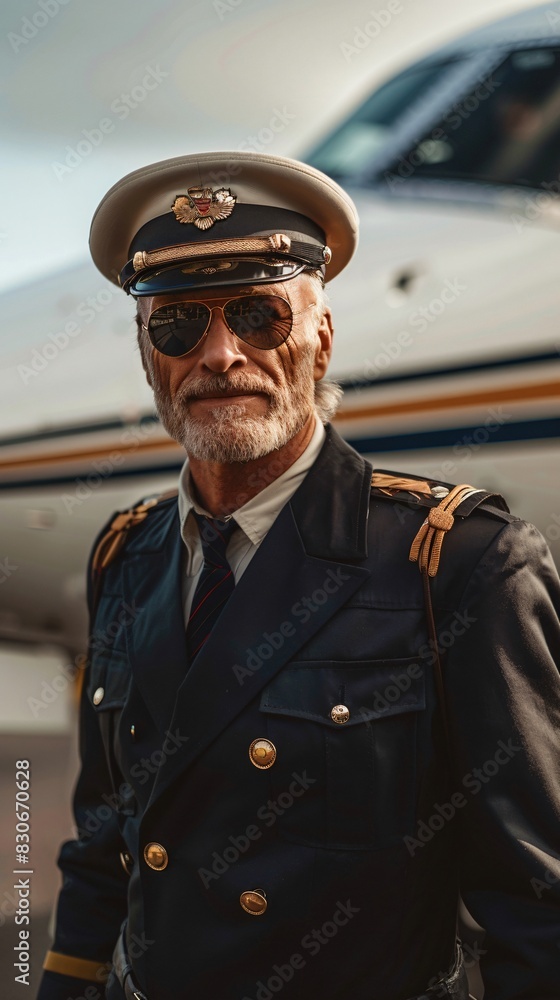 Seasoned airline pilot in uniform stands confidently in front of ...