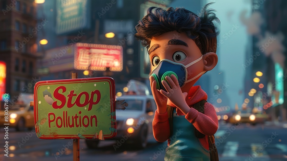 A 3D cartoon character coughing in a city with smog and polluted air ...