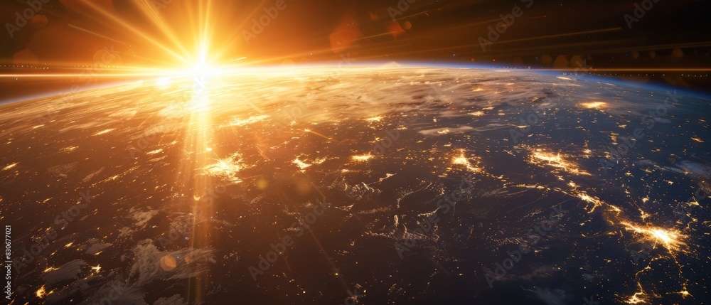 Sunrise over earth as seen from space. Sun shining behind the earth ...