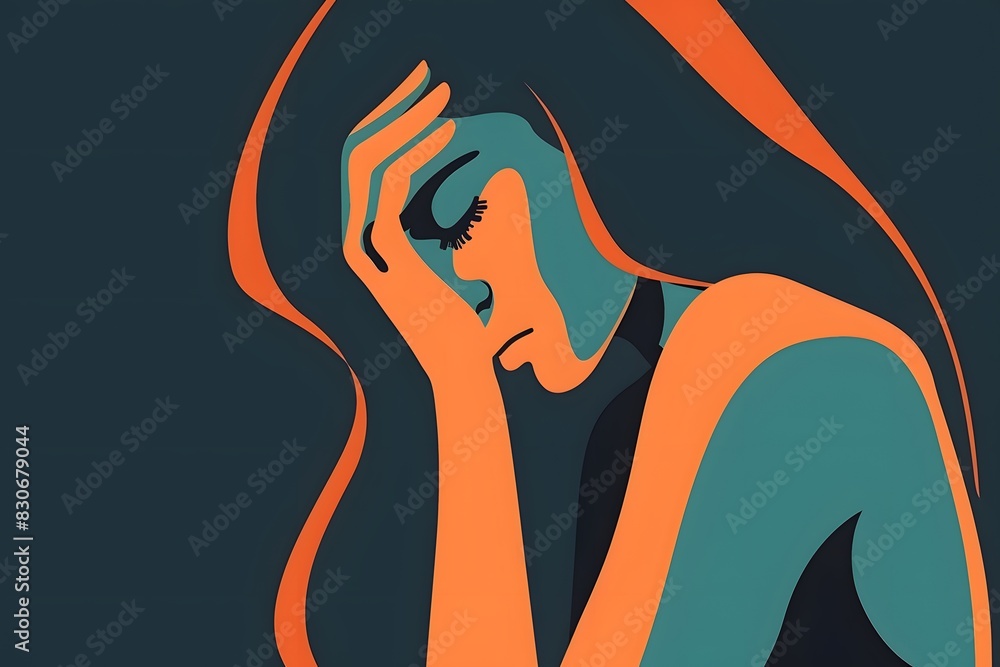 Sad Woman Crying In Flat Vector Illustration With Bold Lines Stock