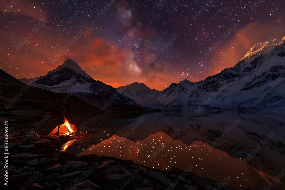 Camping Tent Under Starry Himalayas Sky with Milky Way and Lake Reflection Stock Photo | Adobe Stock