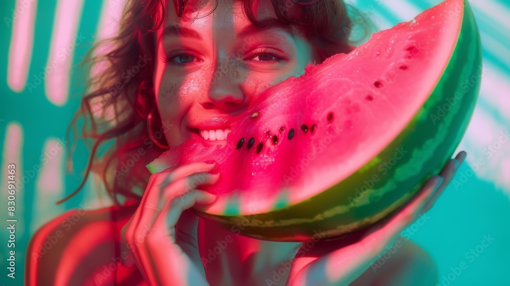 woman eating watermelon with a pink smile, in the style of functional ...
