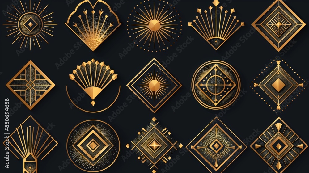 An art deco design for a round logo with letter inside. Golden wine ...