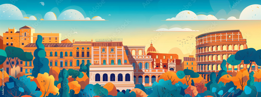 Colorful, stylized vector illustration of rome's skyline, featuring ...