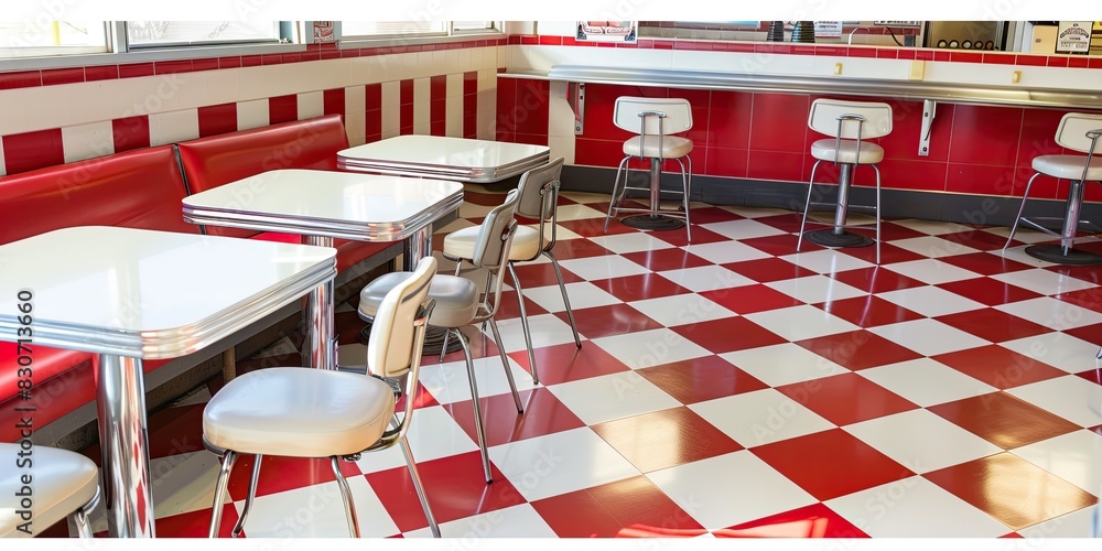 The image shows a retro diner interior with white and red checkered ...