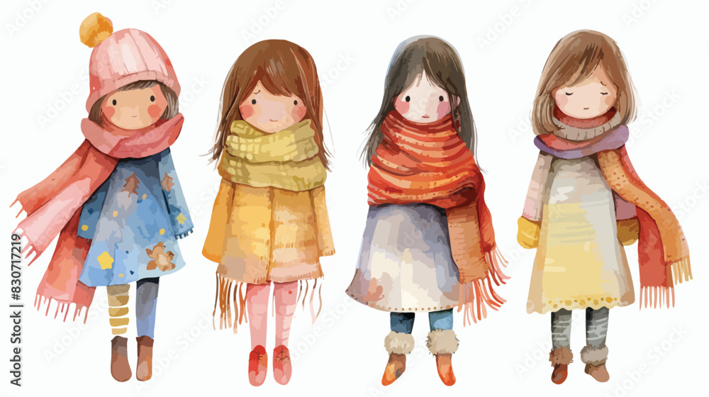 Watercolor Illustration Four of cute little girl wear Stock Vector ...