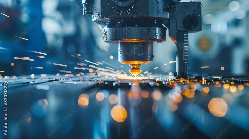 CNC laser cutting metal, capturing the precision and sparks of the ...