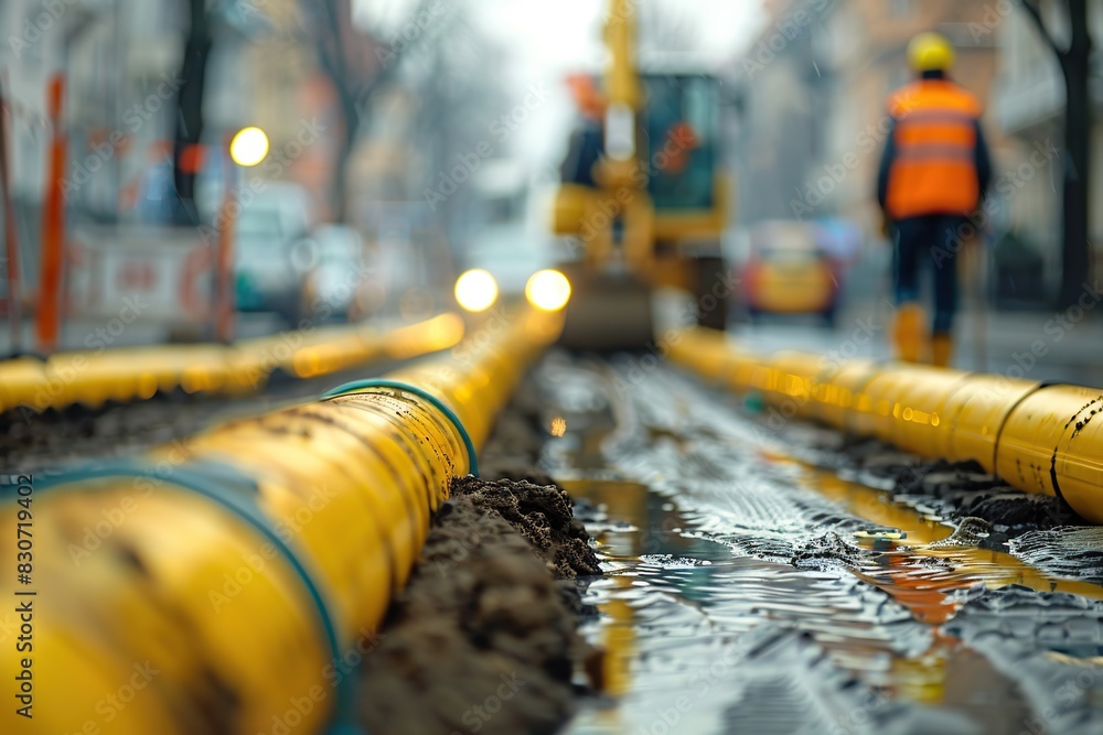 Construction work for replacement of engineering pipes. Workers ...
