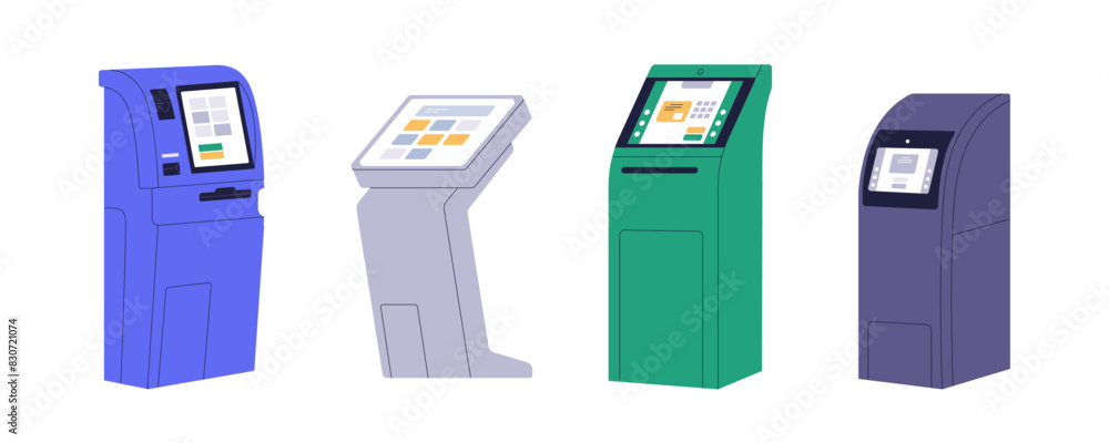 Self-service kiosks set. Interactive touchscreen machines. Information, banking and ticketing ...