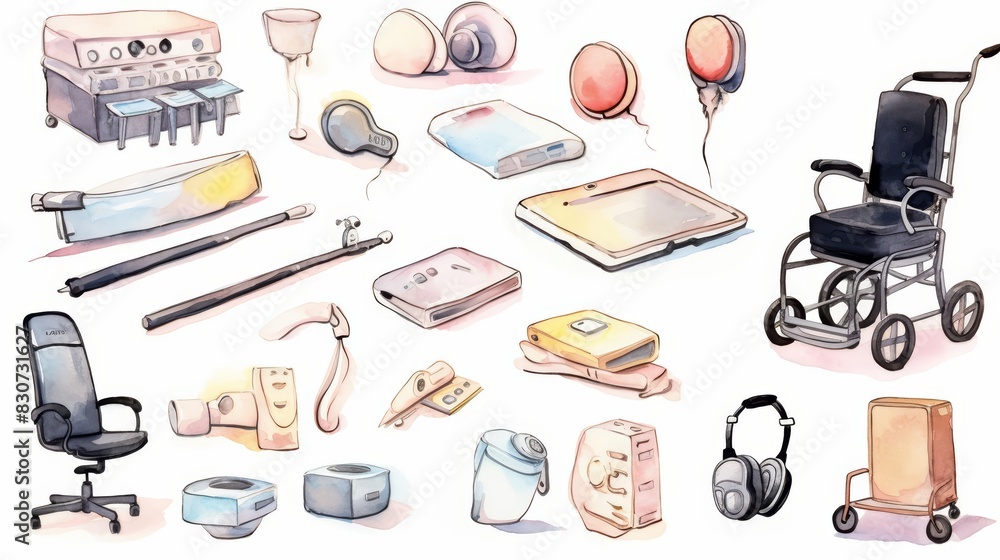 Set of water color of assistive technology, like speechtotext devices ...