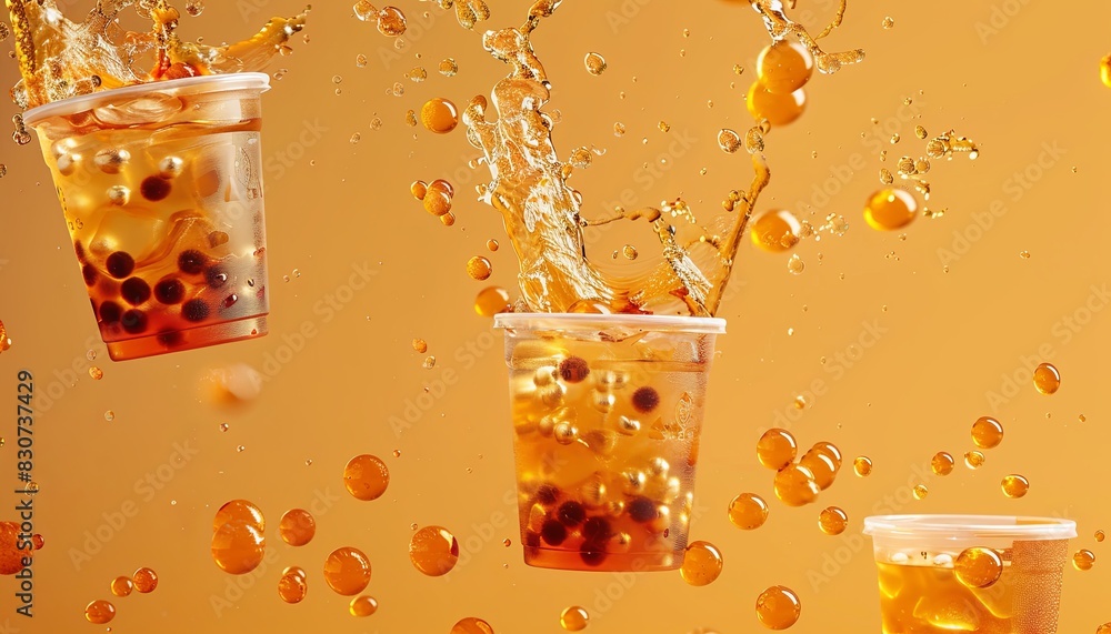 clear cans of boba tea floating in air, studio photograph, dynamic ...