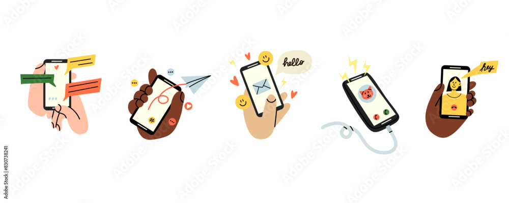 Smartphone communication. Hand hold phone. Chatting, video and text ...