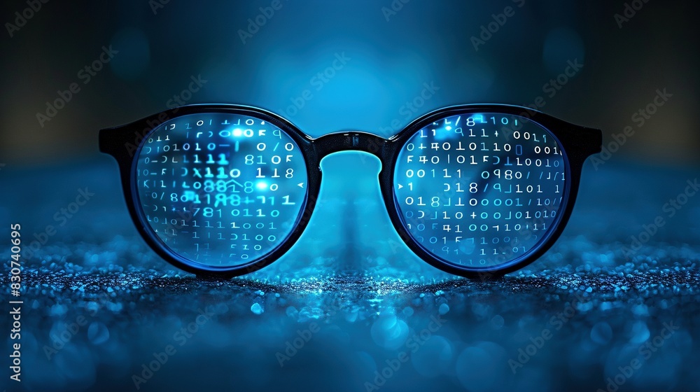 Eyeglasses reflecting binary code in blue-lit environment closeup image. Data and information ...