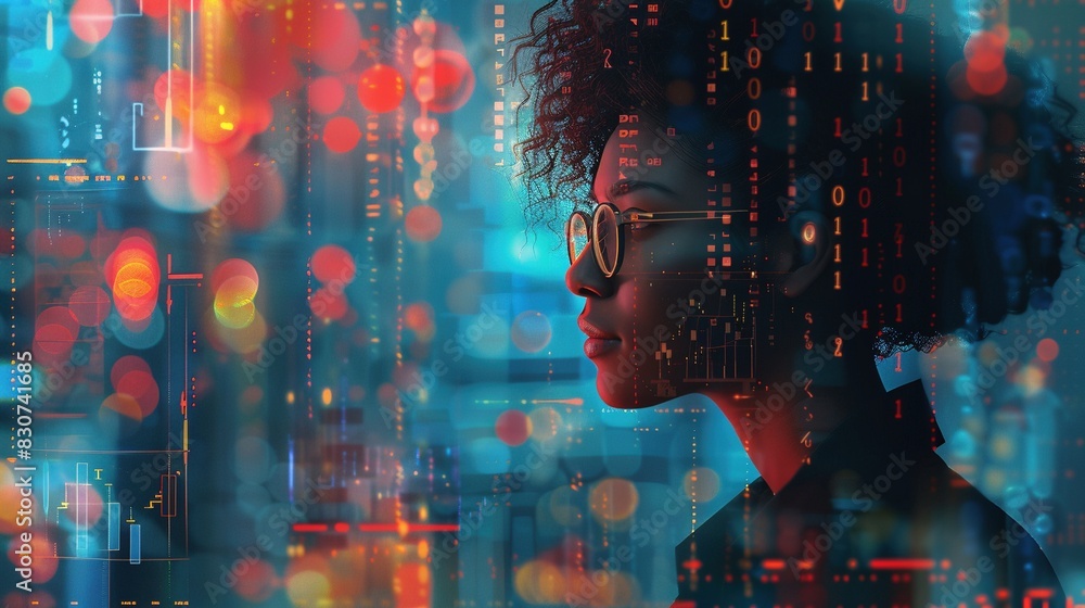 Glasses black woman surrounded by abstract data visuals image copy ...