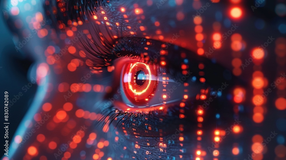 Female eye with red glowing digital code overlaying closeup image. Technological advancement ...