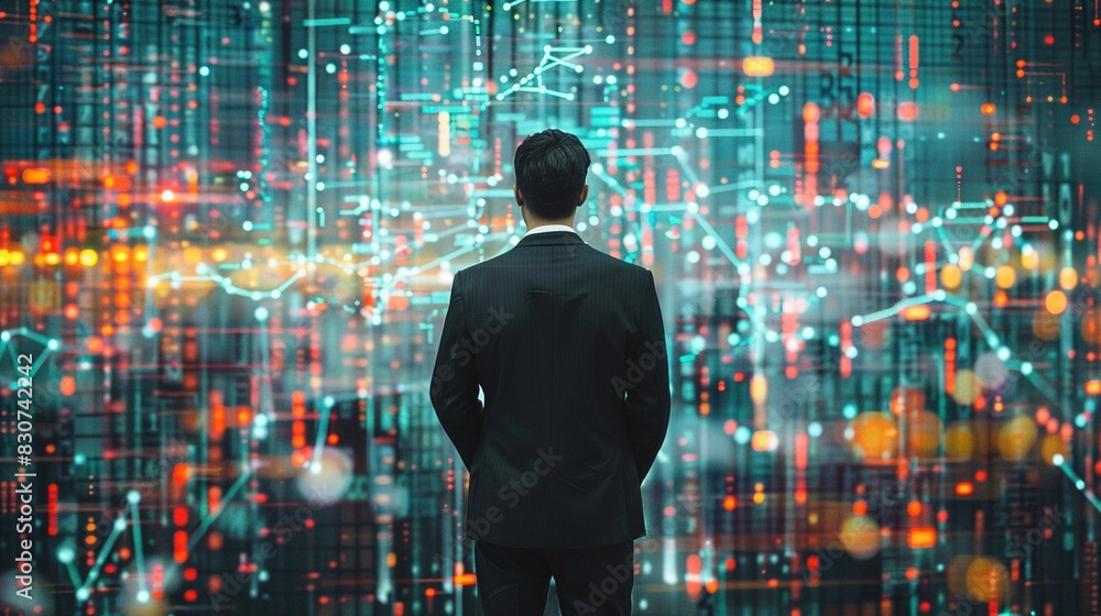 Businessman in front of digital wall with dynamic data visualizations ...